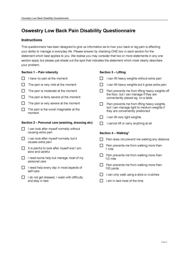 Oswestry Disability Index Printable Pdf Download - Bank2home.com