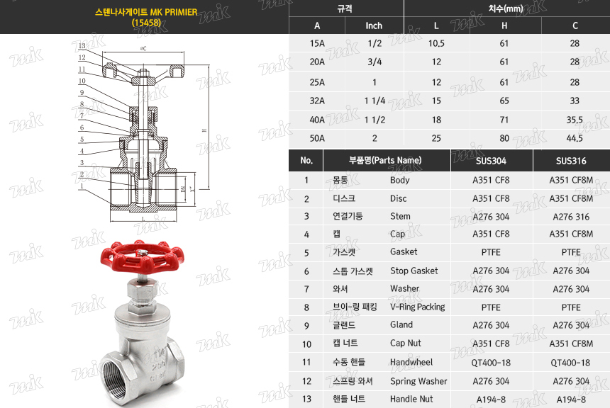 Mk프리미어밸브 스텐 나사 게이트 밸브sus304sus316 스텐 나사 글로브 밸브sus304 작동원리 특징